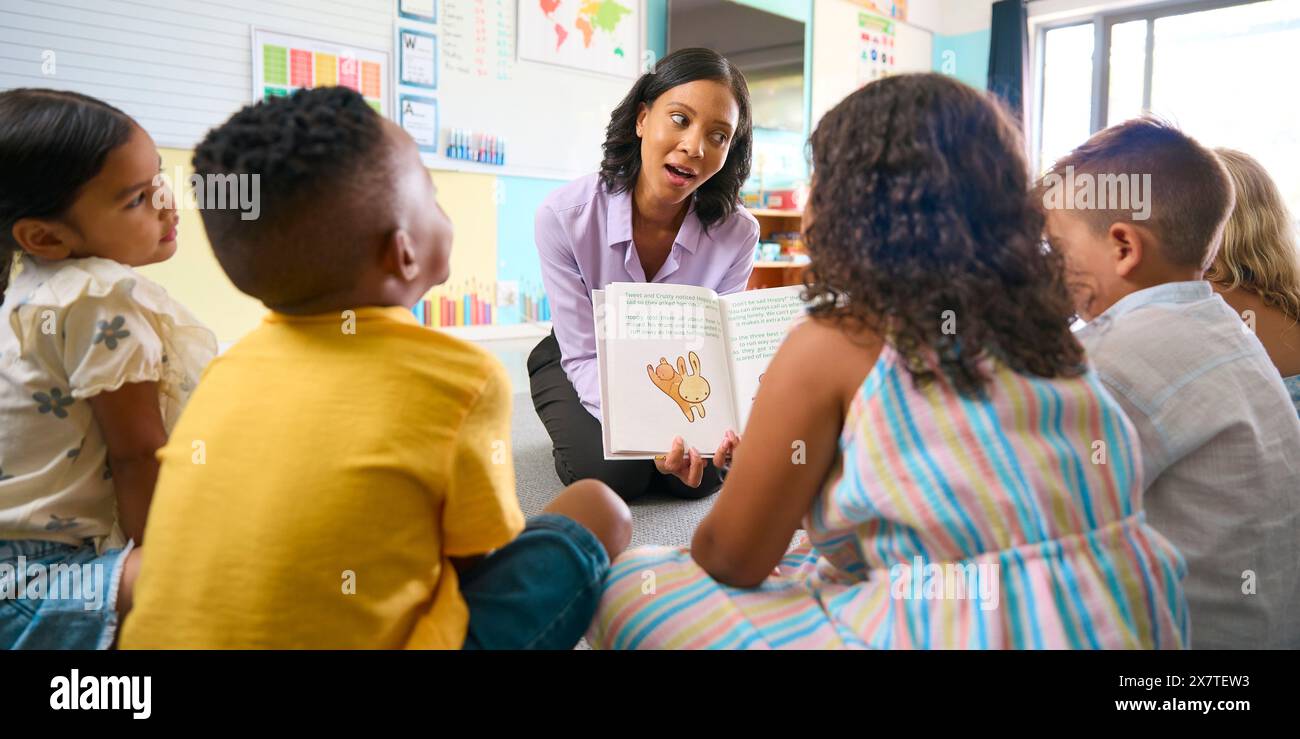 Female Primary Or Elementary School Teacher Reads Story To Multi ...