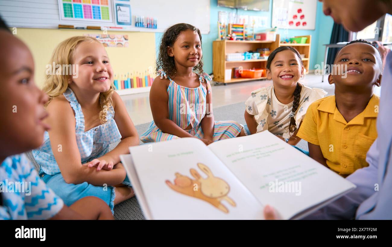 Female Primary Or Elementary School Teacher Reads Story To Multi ...