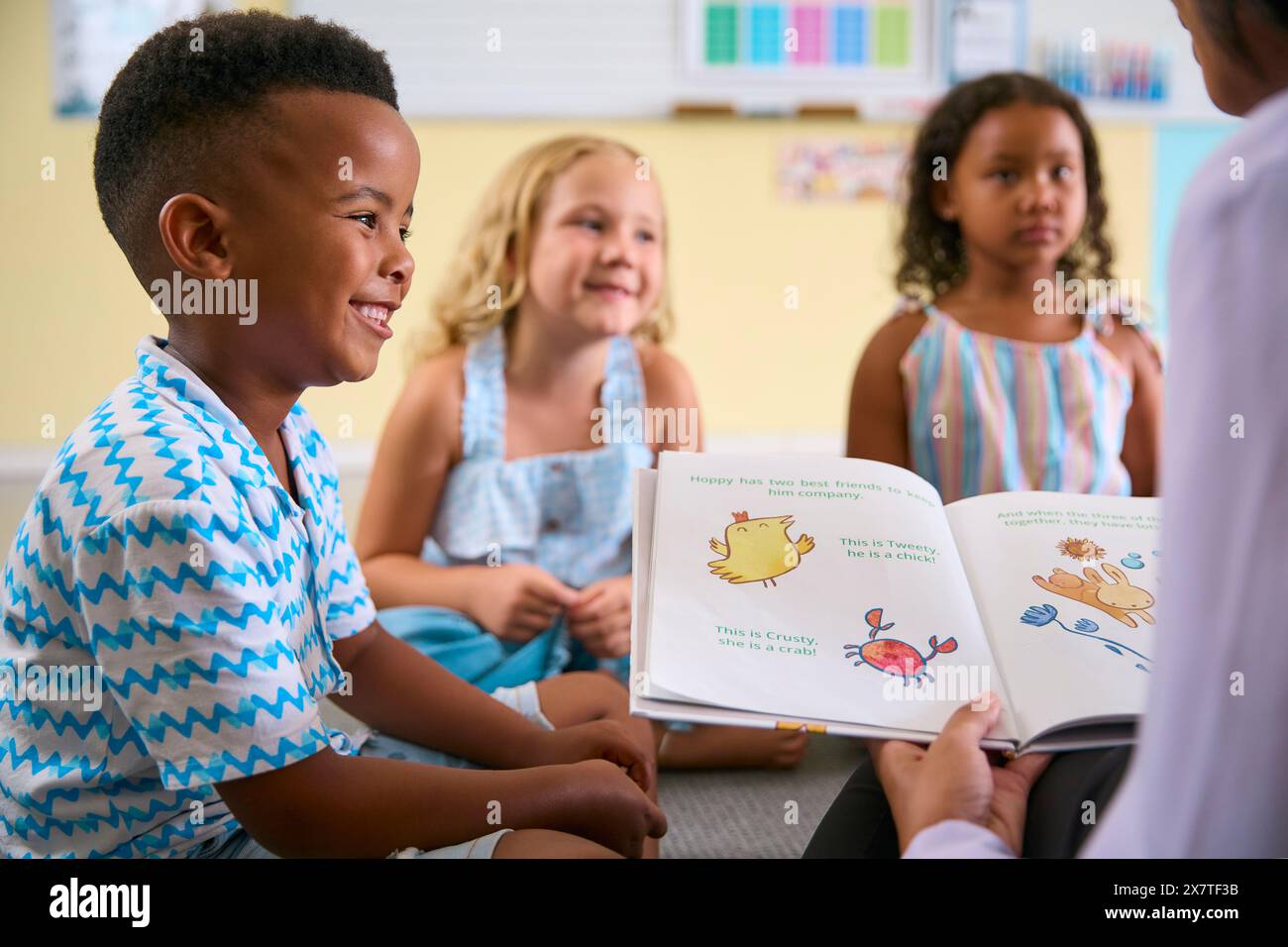Female Primary Or Elementary School Teacher Reads Story To Multi ...