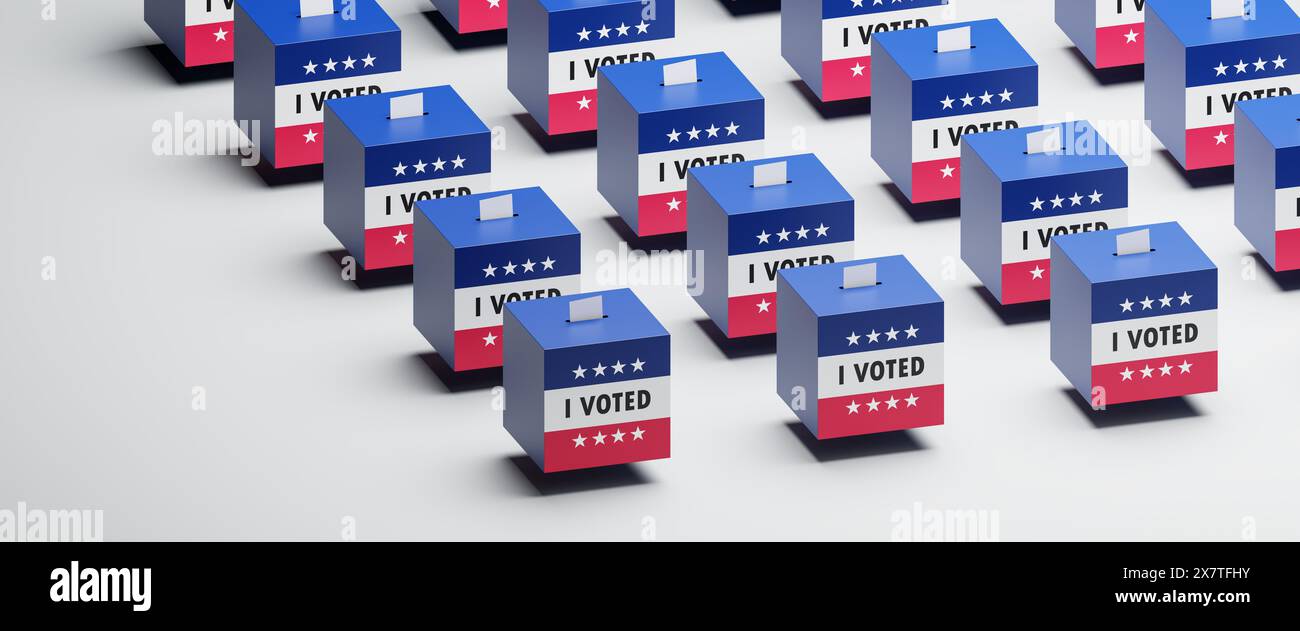 Elections in the United States concept. A large group of ballot boxes ...