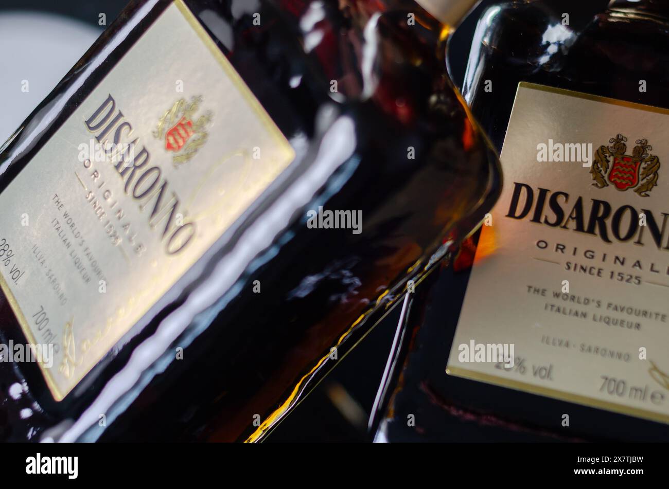 LONDON, UK - 17 APRIL 2024 Bottles of Disaronno Originale, an amber ...