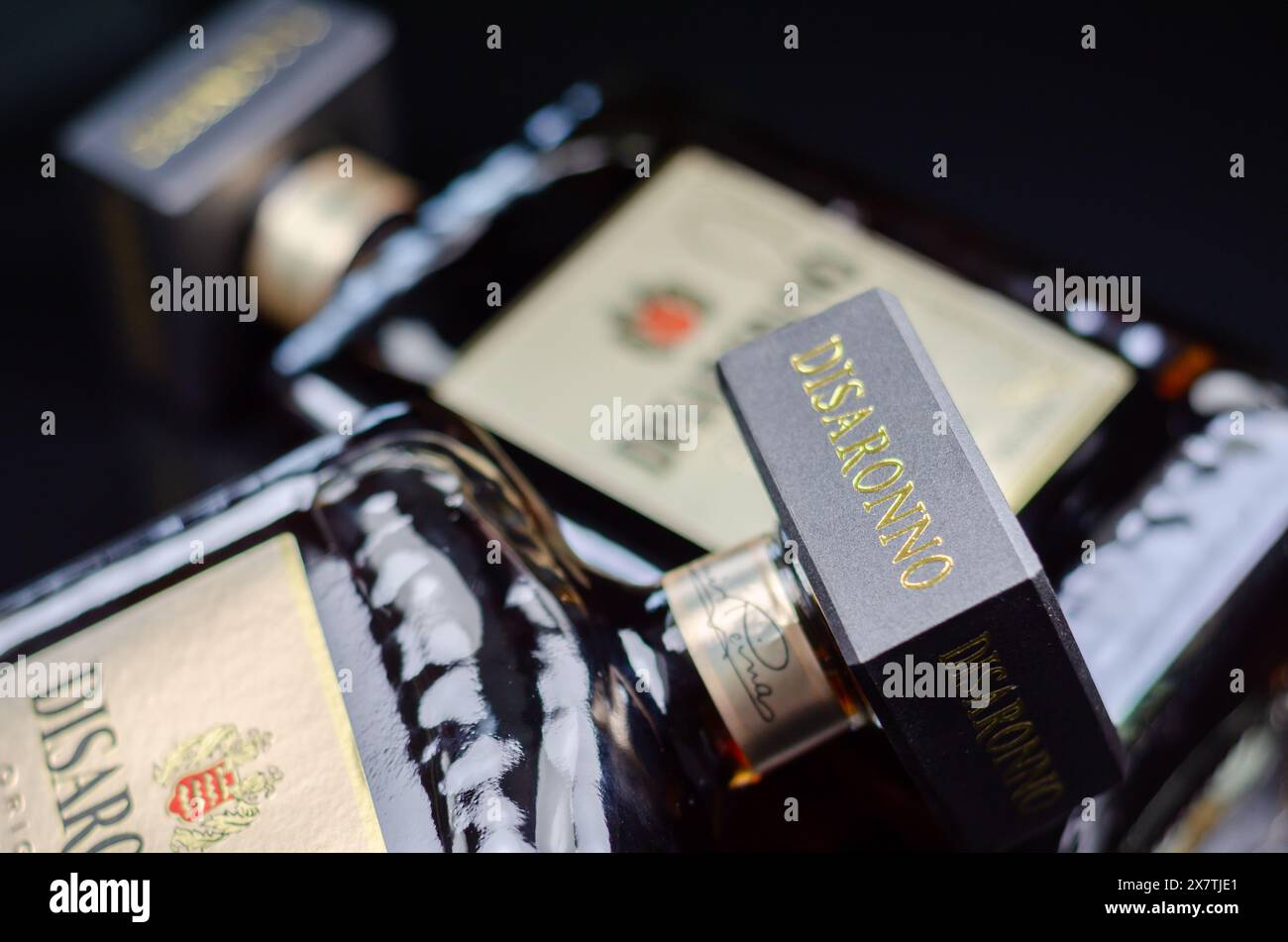LONDON, UK - 17 APRIL 2024 Bottles of Disaronno Originale, an amber ...