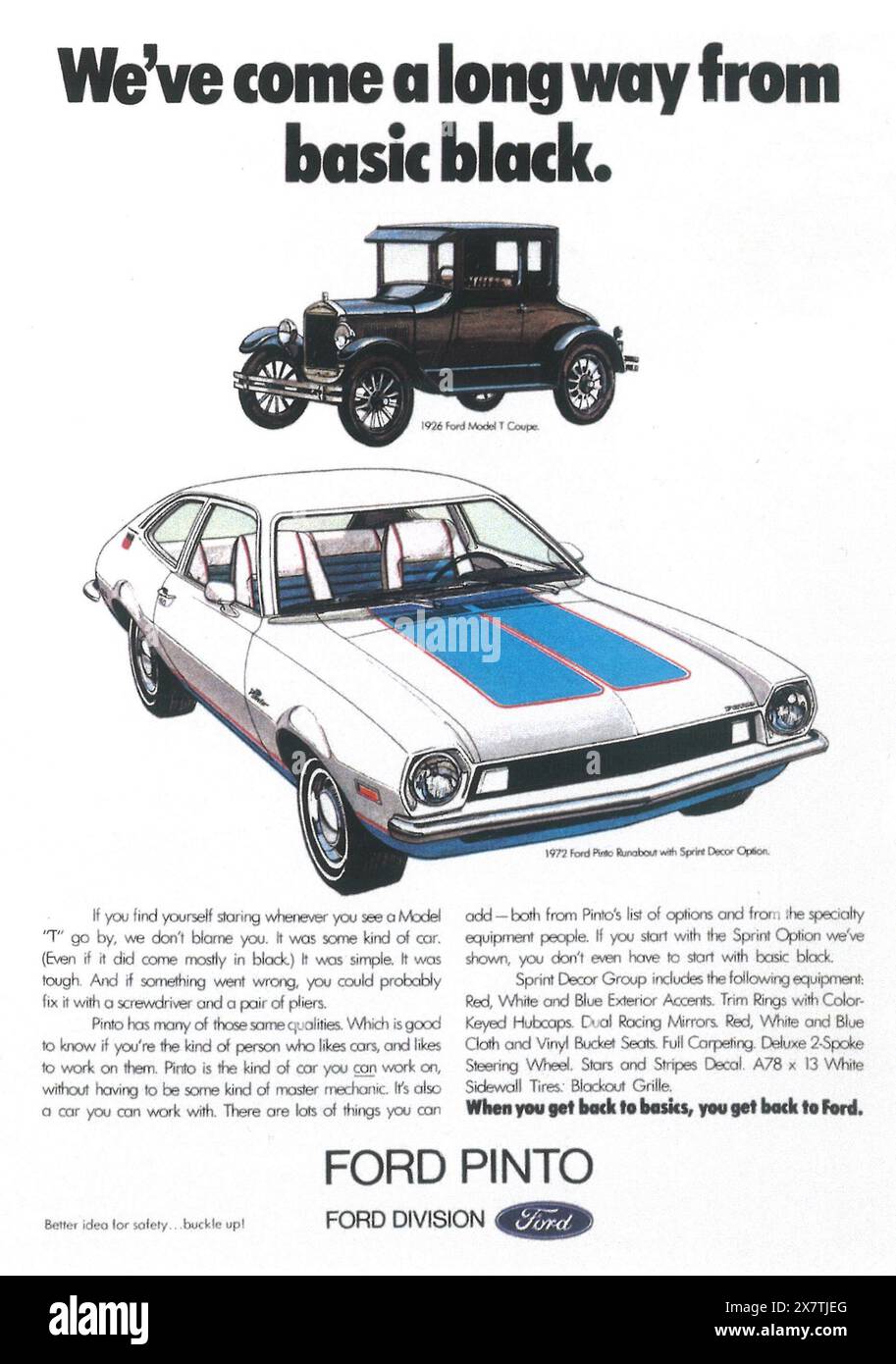 1972 Ford Pinto ad "We've come a long way from basic black." with 1926 Ford T coupe Stock Photo ...