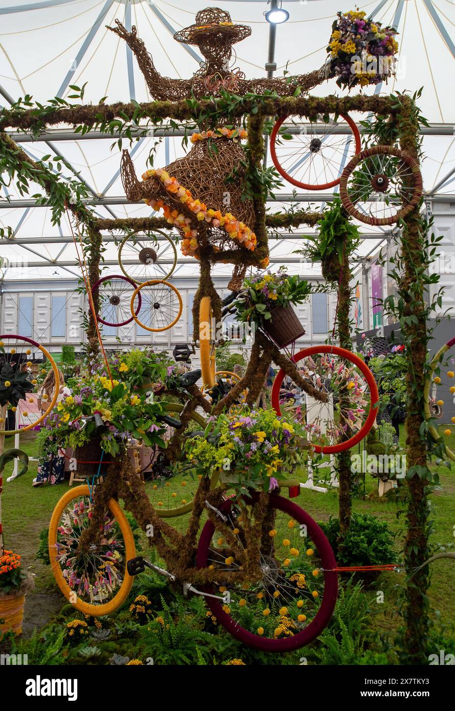 London, UK. 20th May, 2024. Recycled bikes covered with floral displays at the Belgravia in ...