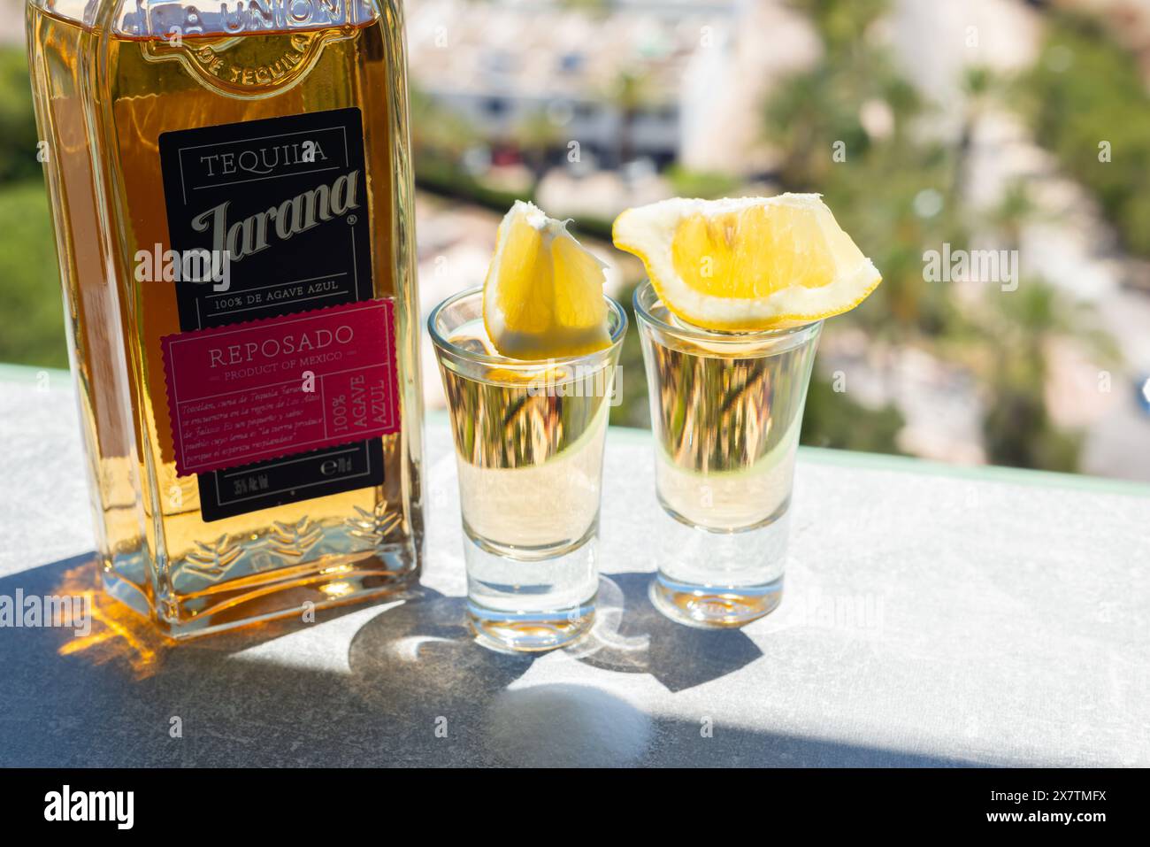 ALMERIA, SPAIN - 16 MAY 2024 A bottle of Tequila Jarana Reposado Agave ...