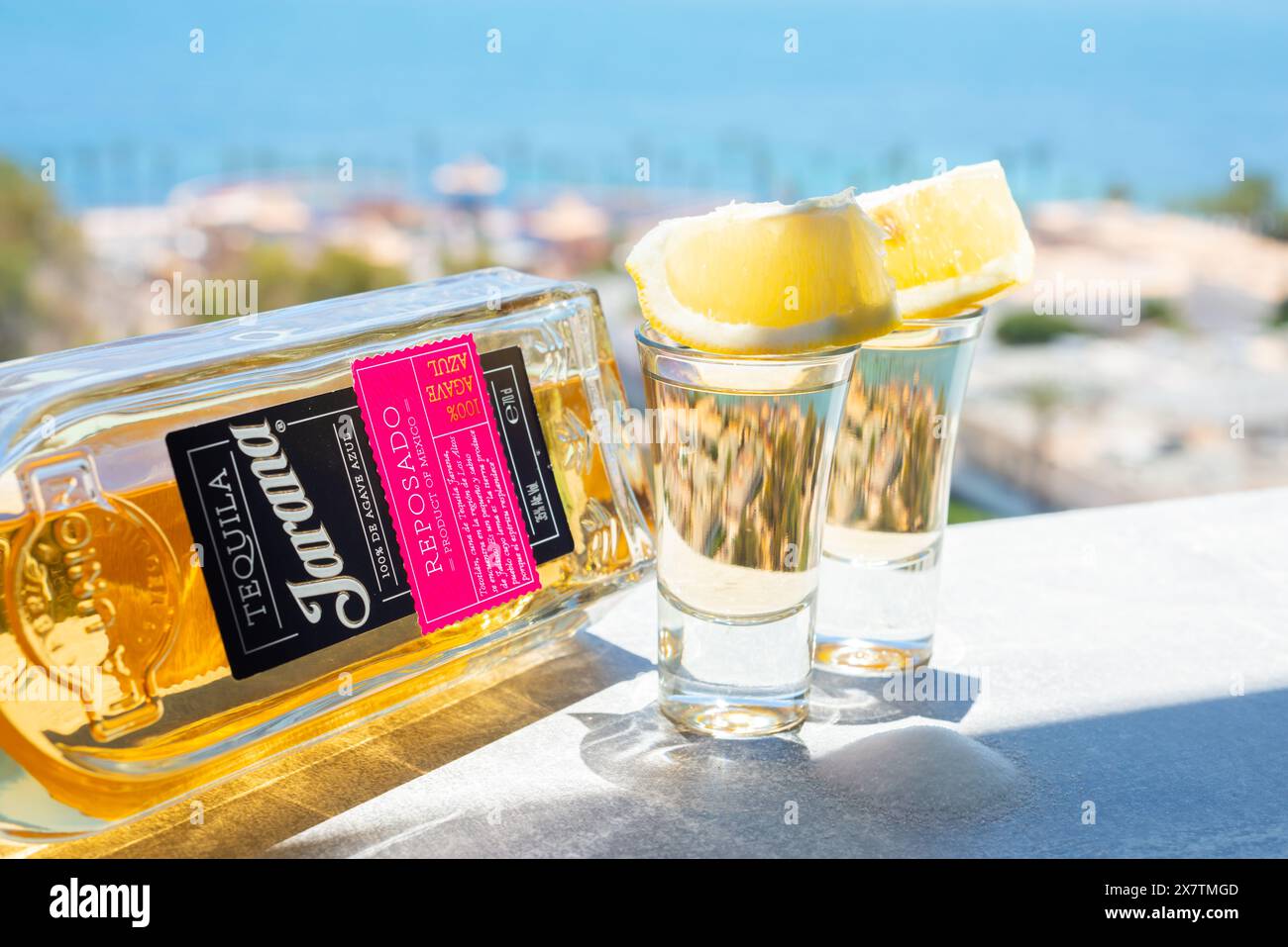 ALMERIA, SPAIN - 16 MAY 2024 A bottle of Tequila Jarana Reposado Agave ...