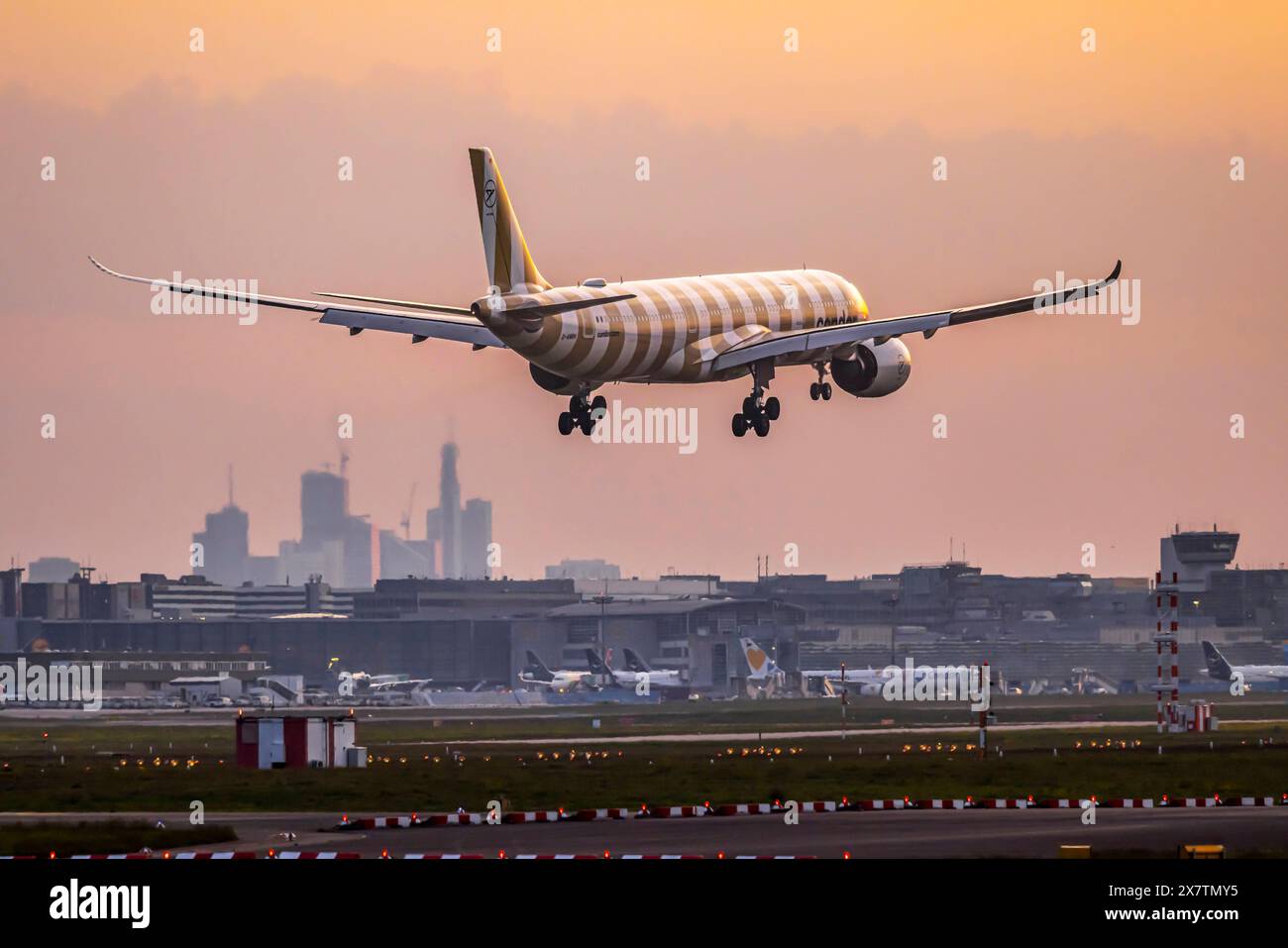 Flugzeug im Landeanflug am Flughafen Frankfurt, Fraport. Registrierung: D-ANRH, CONDOR, AIRBUS ...