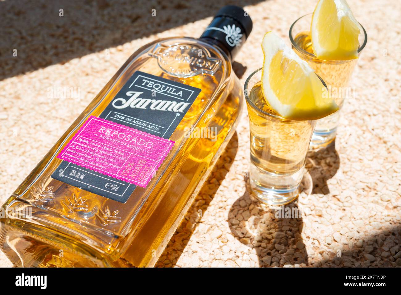 ALMERIA, SPAIN - 16 MAY 2024 A bottle of Tequila Jarana Reposado Agave ...