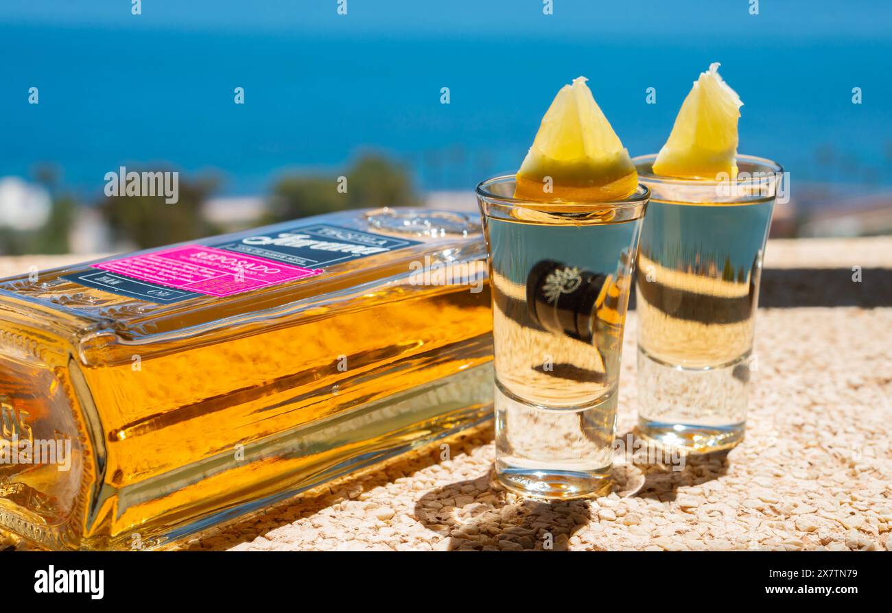 ALMERIA, SPAIN - 16 MAY 2024 A bottle of Tequila Jarana Reposado Agave ...