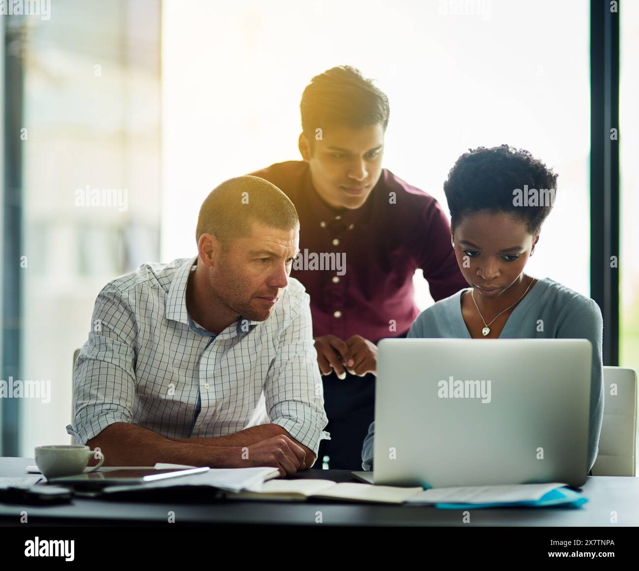 Laptop, diversity and business people in office with collaboration for ...