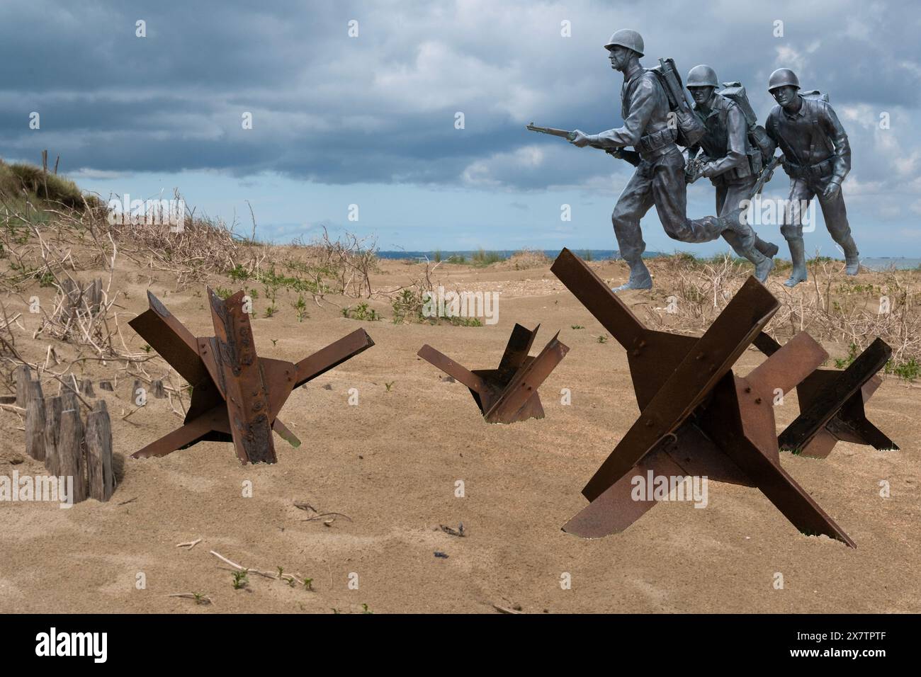 Normandy France D-Day soldiers sculptures and hedgehogs on Utah Beach ...