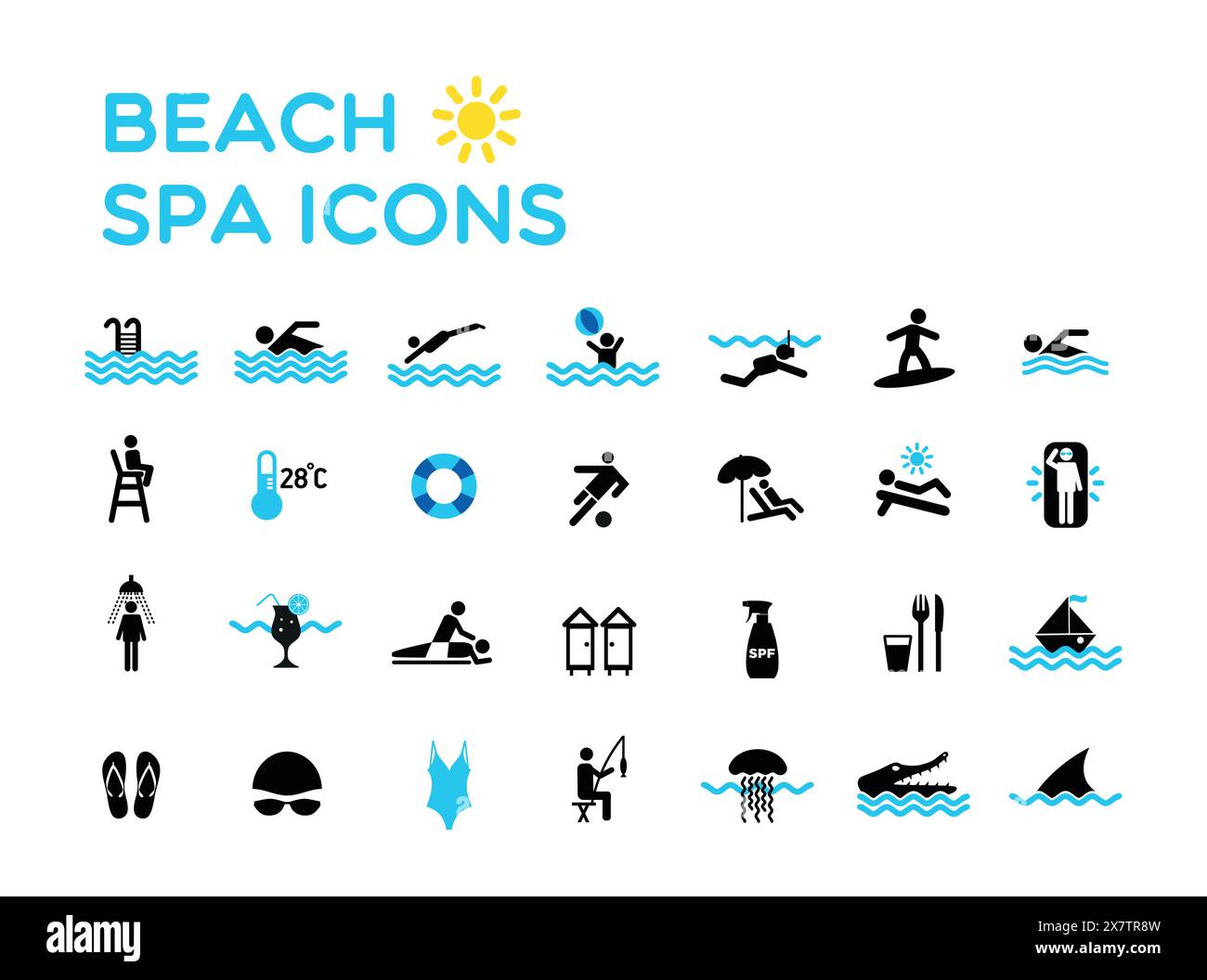 Variety of beach spa icons symbols signs pictogram logo against a white ...