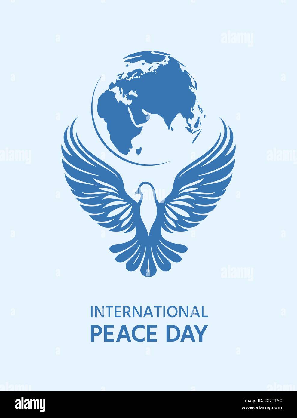 International Peace Day postcard. A blue dove with outstretched wings and an Earth globe above ...