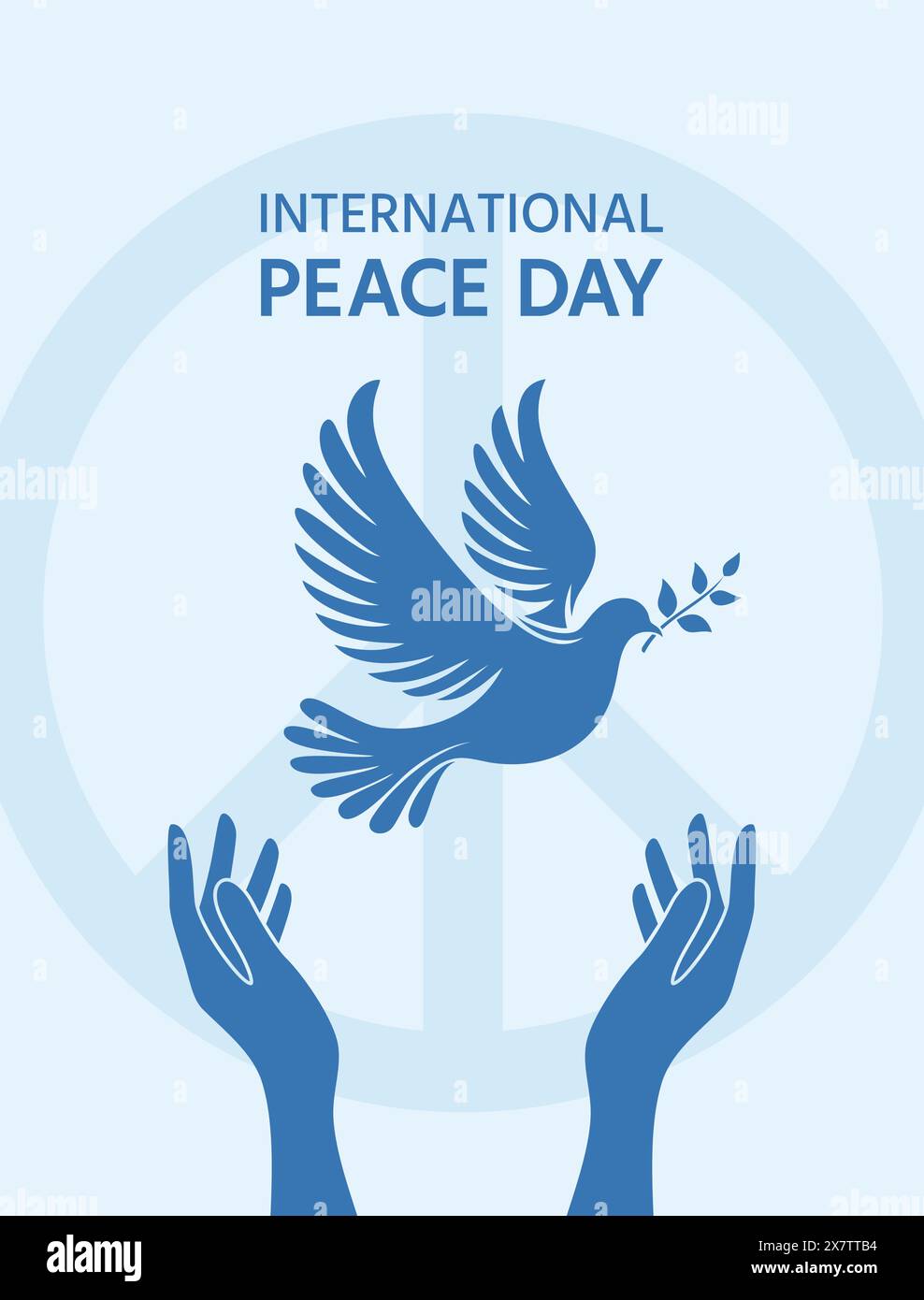 International Day of Peace. Peace dove and raised hands on the background of peace symbol ...