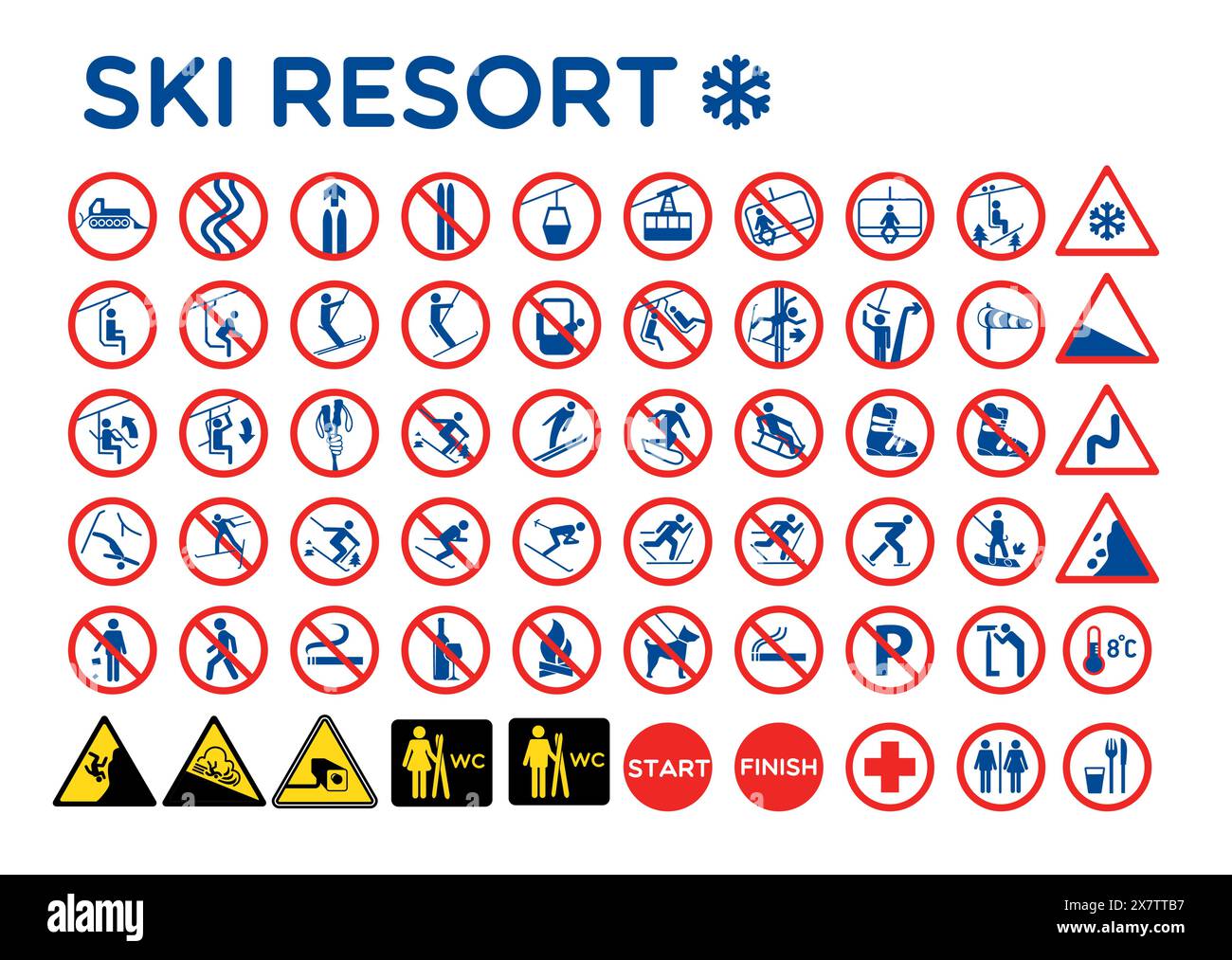 Collection of ski resort signs displayed against a blank white backdrop ...