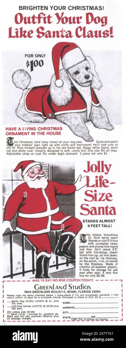 1972 Greenland Studios ad - Santa Claus Dog Outfit, Life-size Santa ...