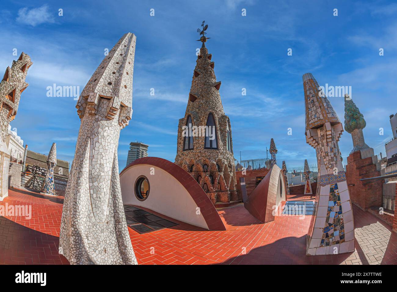 BARCELONA, SPAIN - APRIL 14, 2024: Original chimneys covered with ...