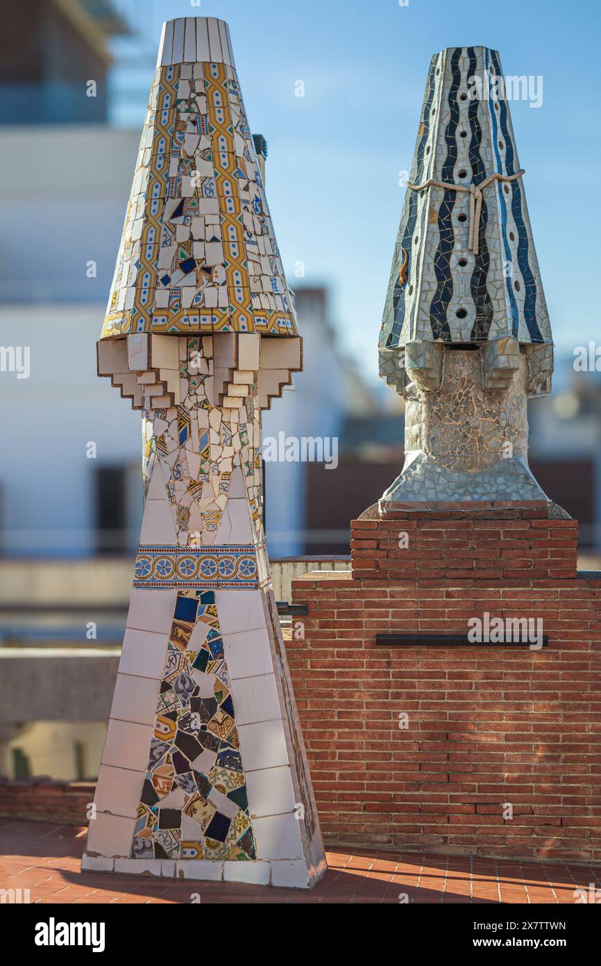 BARCELONA, SPAIN - APRIL 14, 2024: Original chimneys covered with ...
