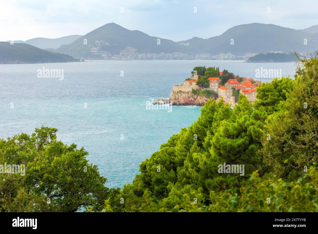 Sveti Stefan island in Montenegro resort at Adriatic sea and Budva ...
