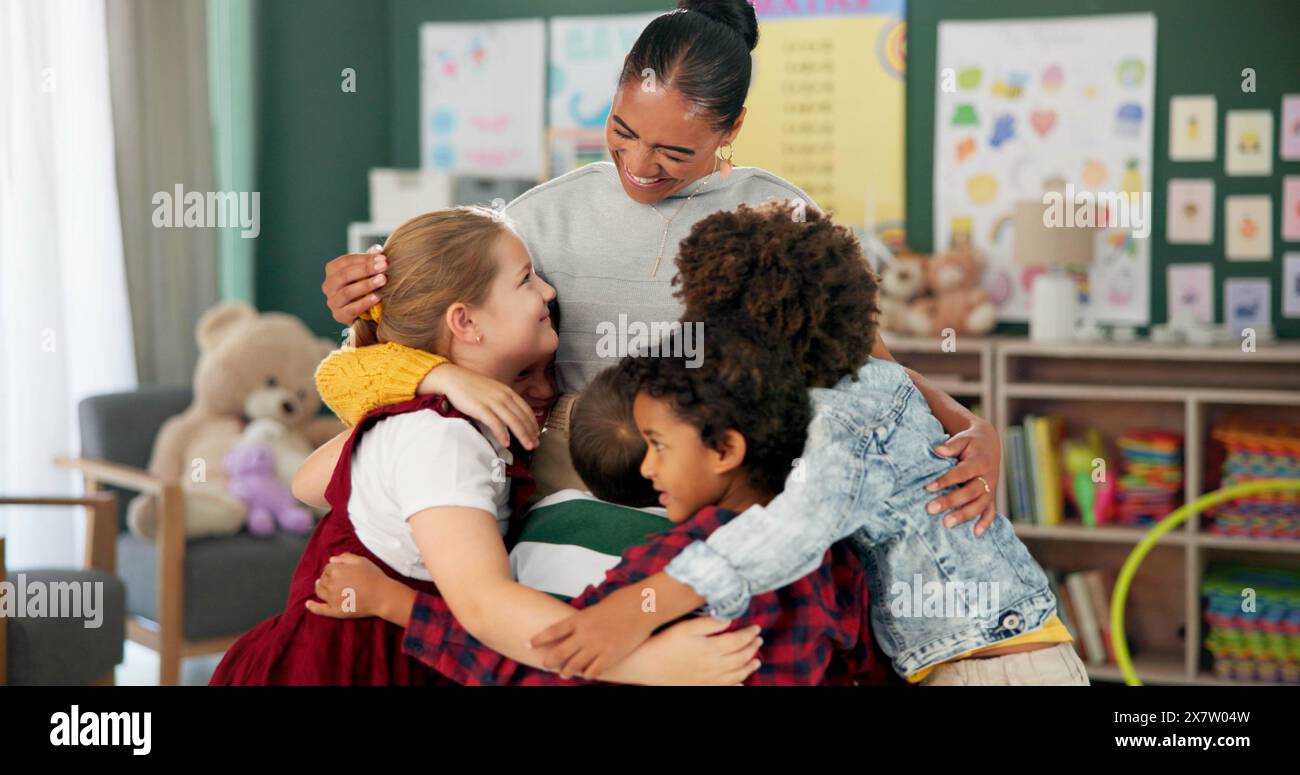 Happy woman, children and hug teacher at kindergarten for learning ...