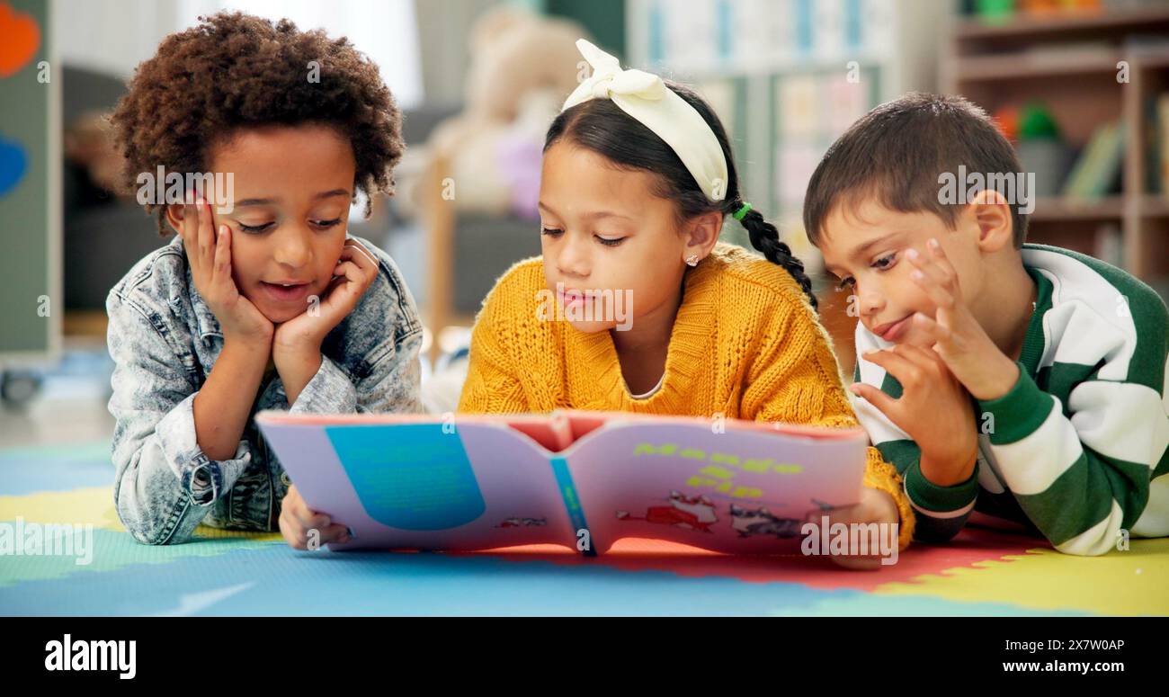 Children, kindergarten and reading book in classroom, childhood ...
