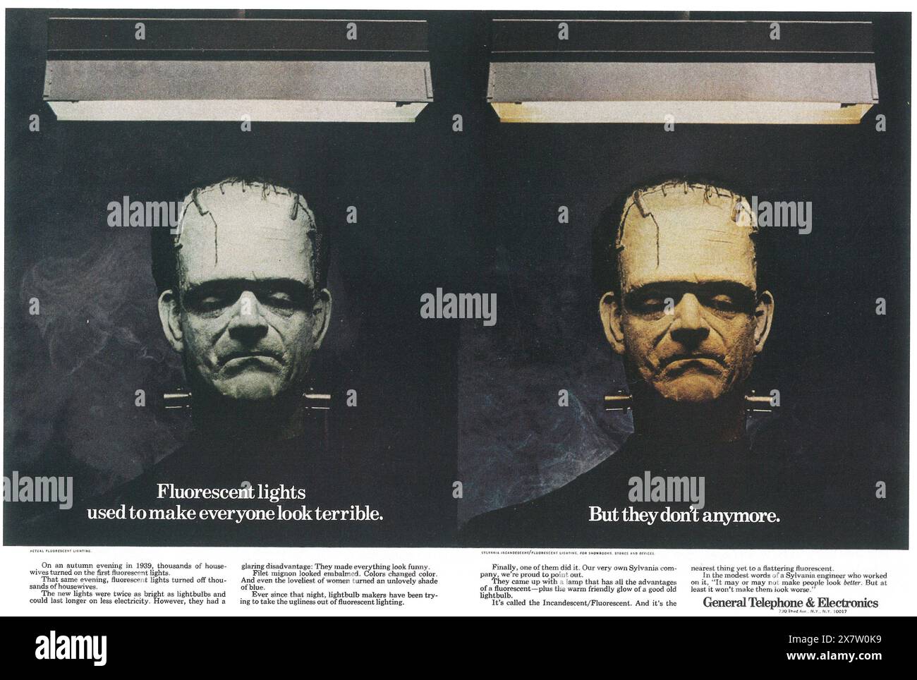1970 GTE Fluorescent Lights Ad - Frankenstein Monster Stock Photo - Alamy