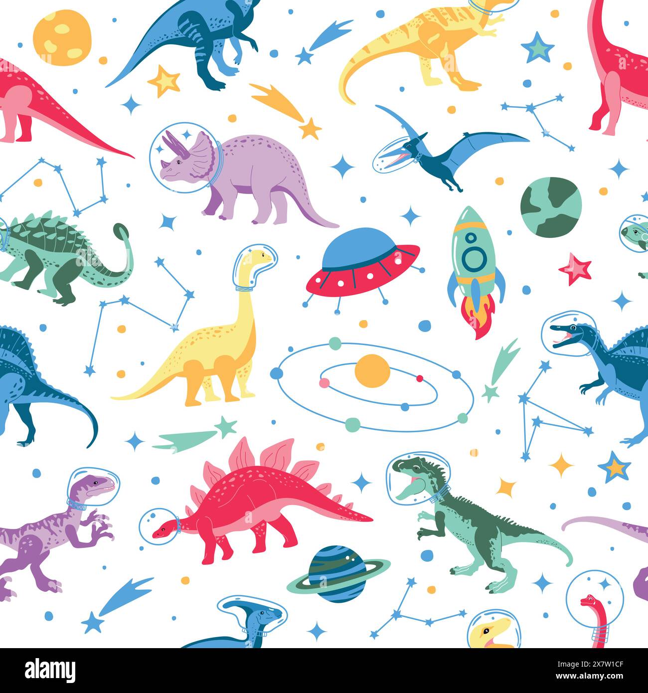 Astronaut dinosaur character design. Cute space seamless pattern ...