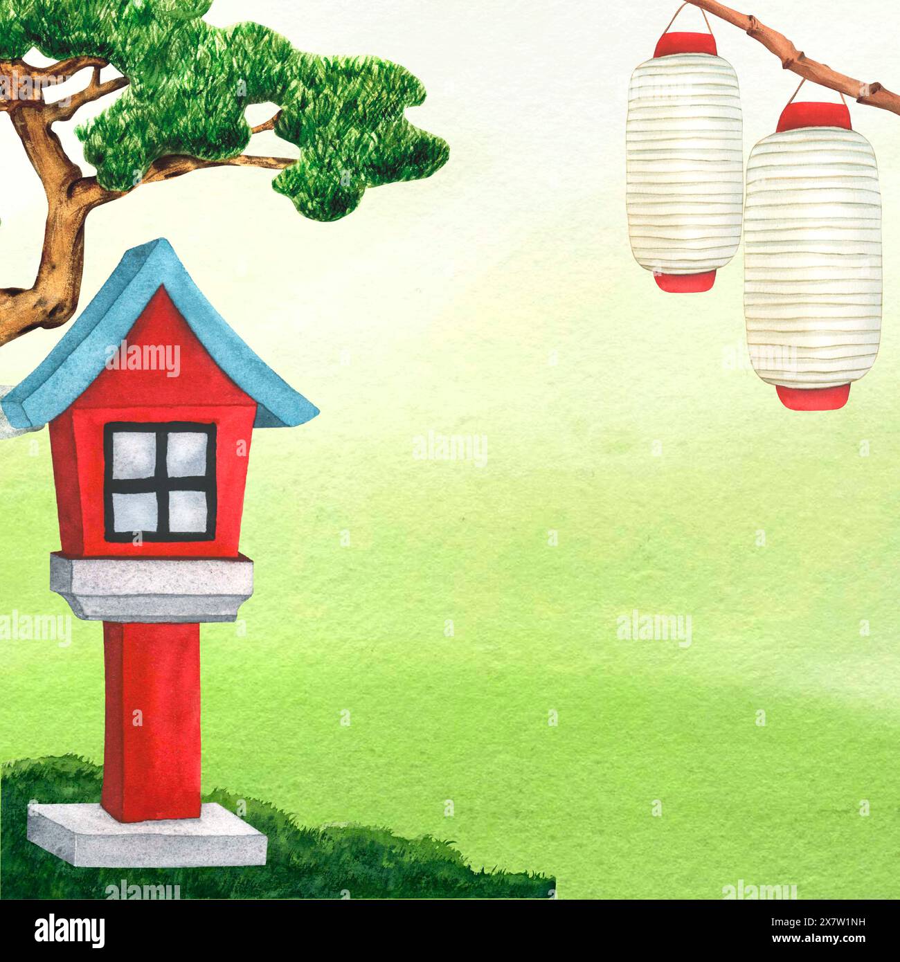 Japanese Paper Lantern, traditional Red Wooden Lantern and Bonsai tree ...