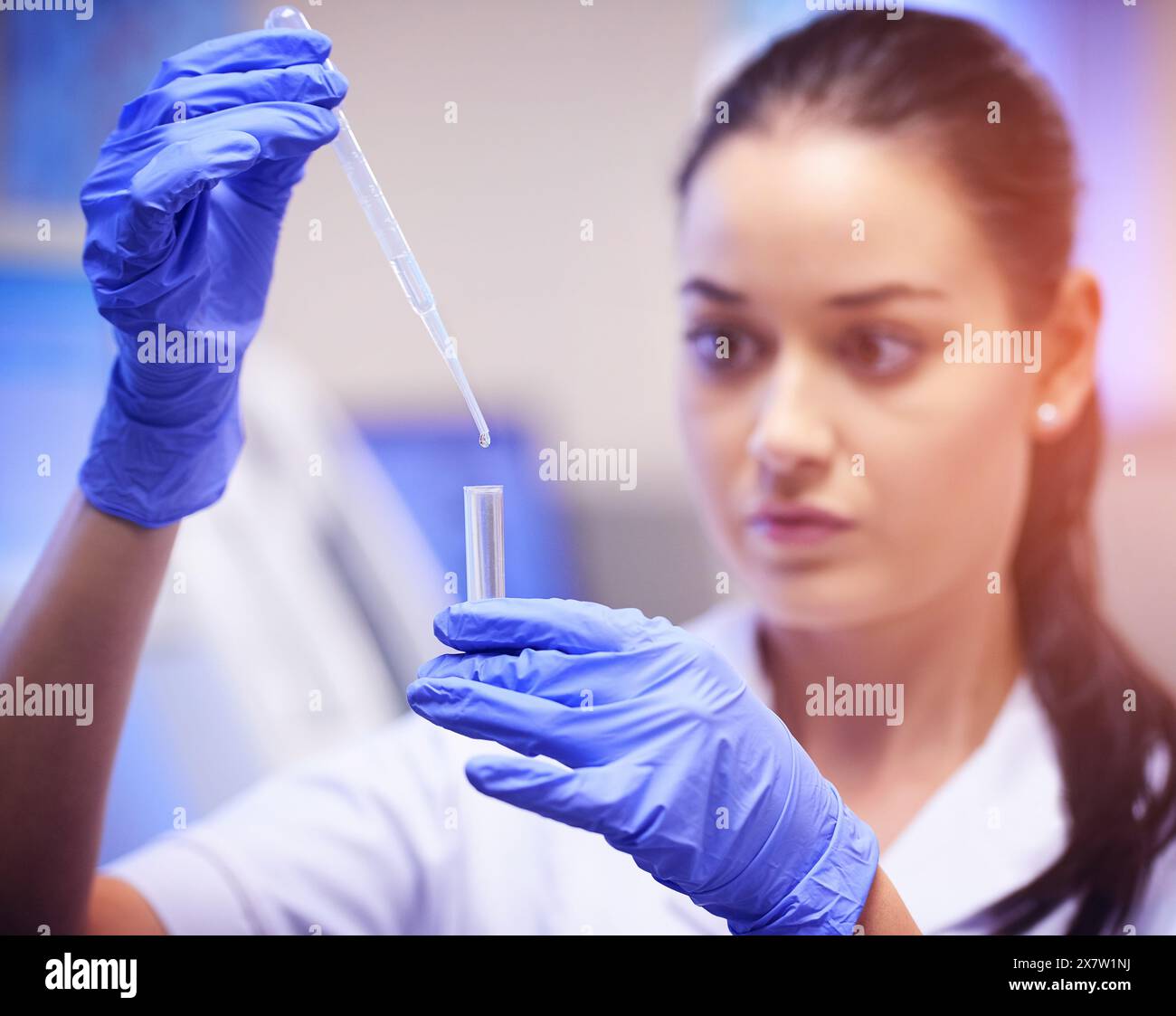 Chemical, woman and scientist with test tube and pipette in laboratory ...