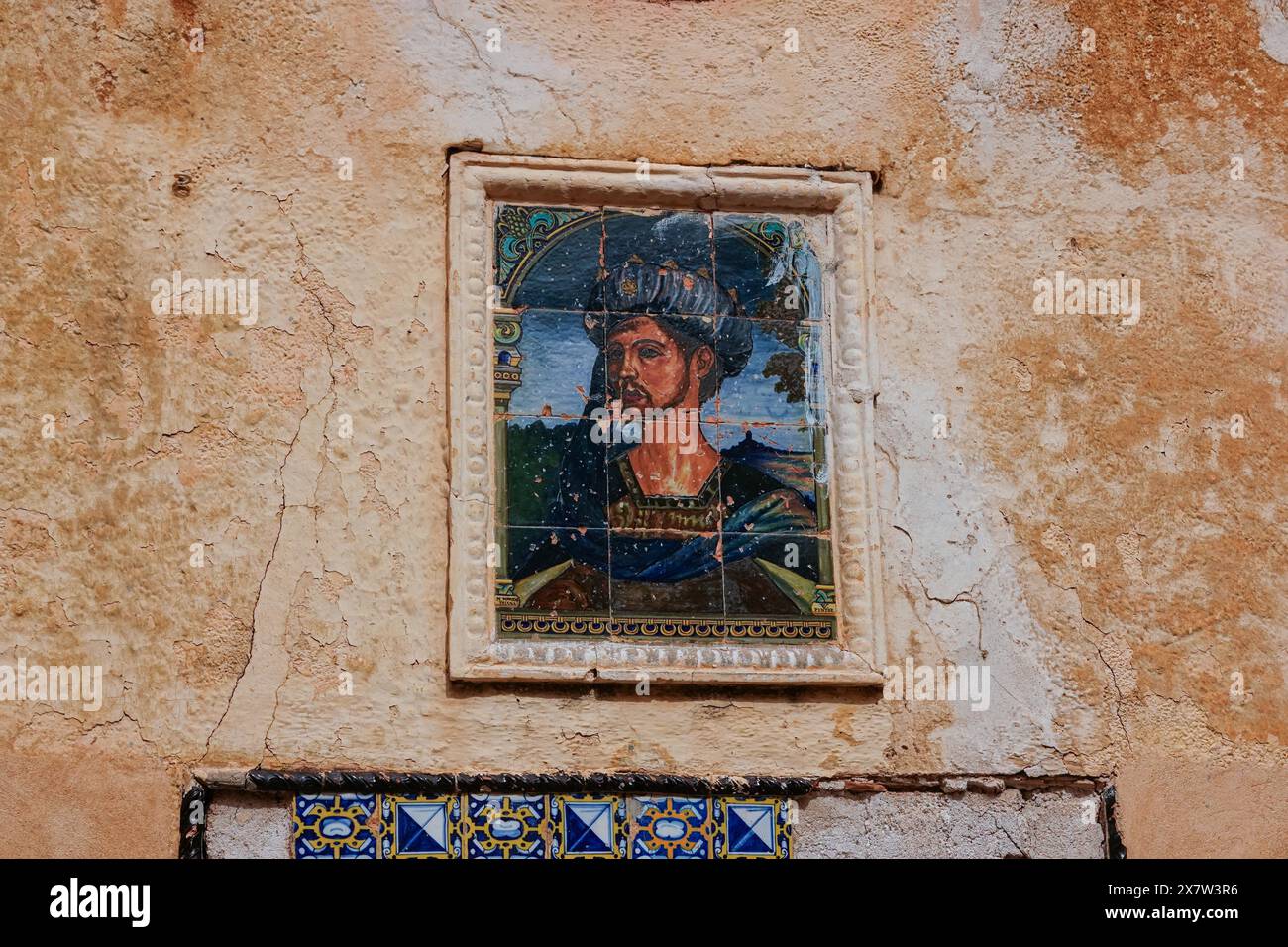Mosaic tile portrait called the Moorish King on the façade of the Casa ...