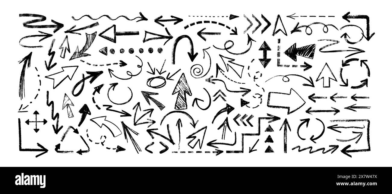 Hand drawing charcoal arrow set. Doodle direction pointer, curved ...