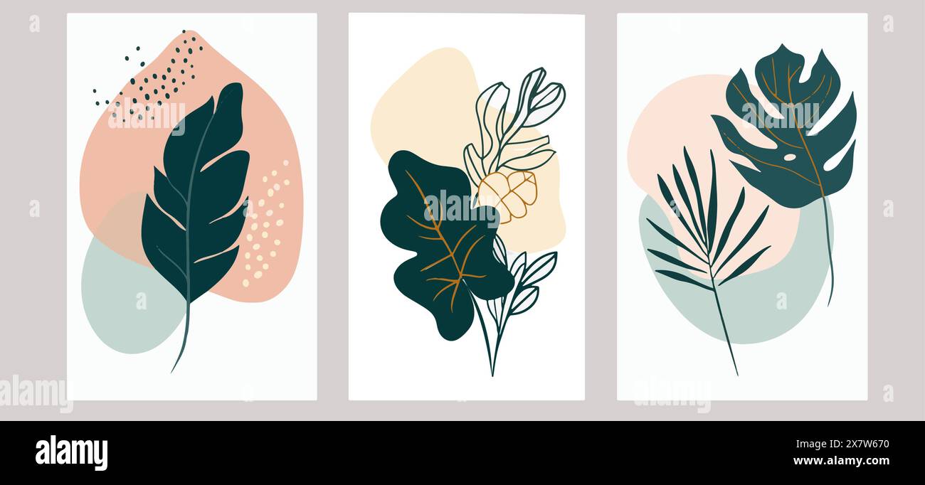 Set of abstract tropical line leaves drawing. Ink sketch exotic foliage ...