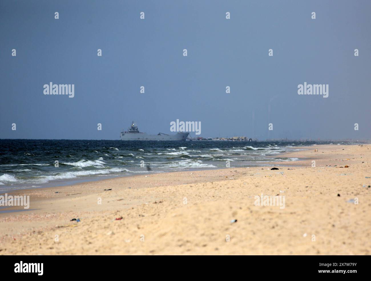 A ship transporting international humanitarian aid is moored at the US ...