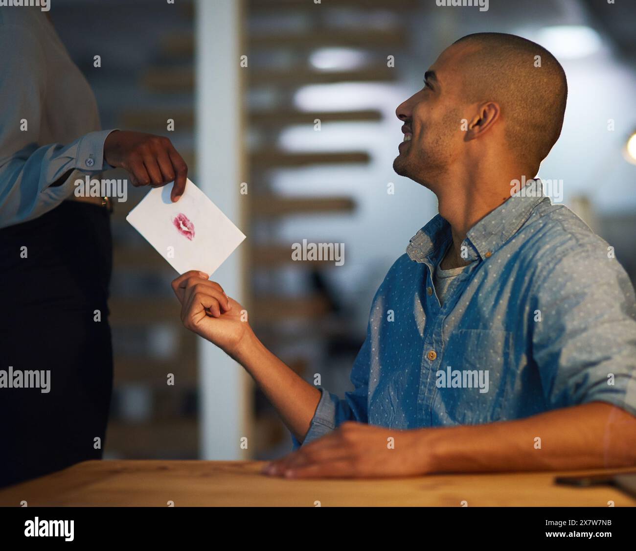 Smile, man and letter for love in office romance, coworking and secret ...