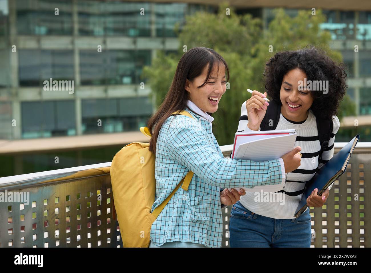 Asian and Latin students sharing notes at the University Stock Photo ...