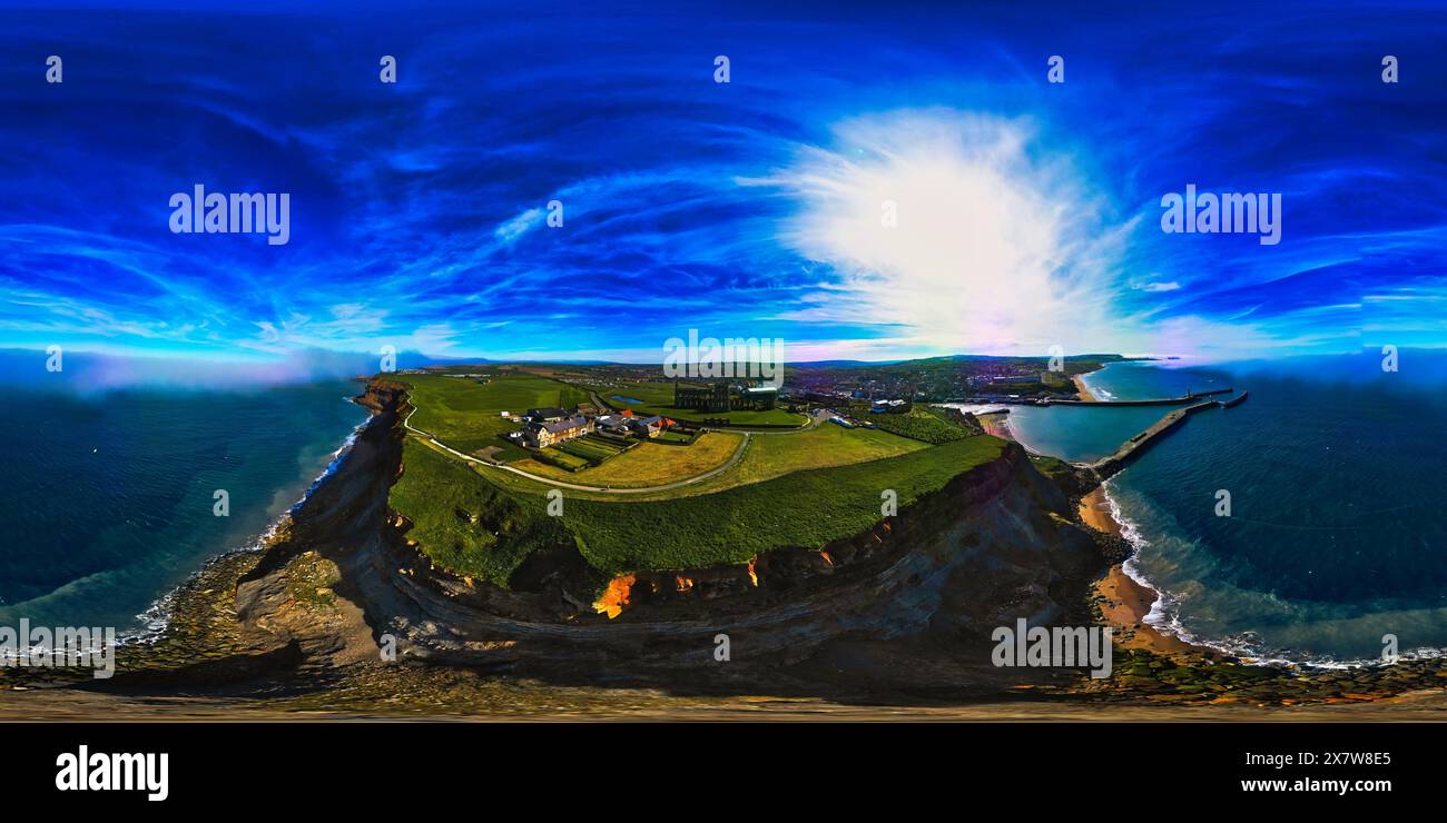 Aerial 360-degree panoramic view of a coastal landscape with cliffs ...