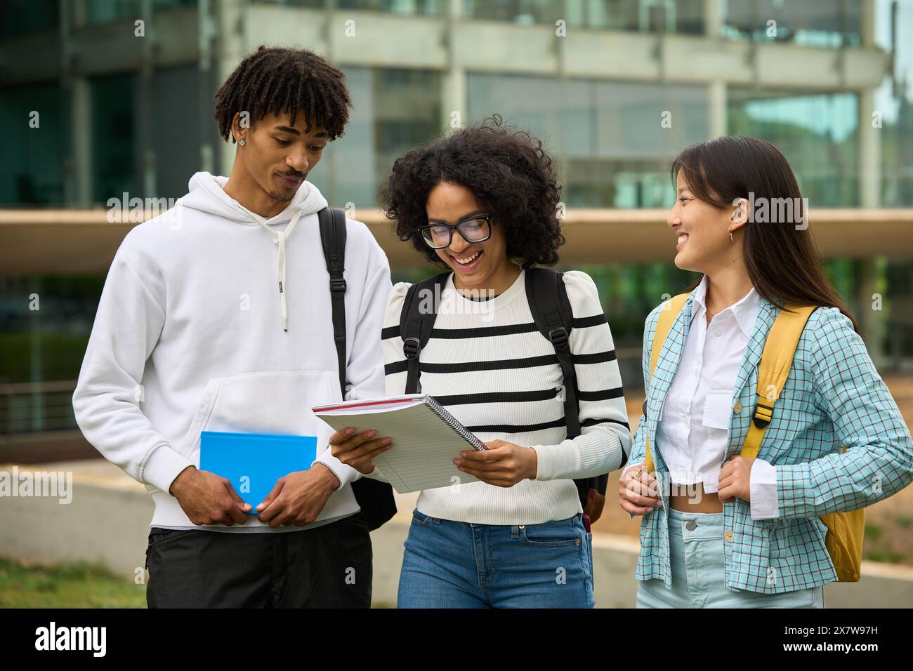 Multiethnic students are walking together, sharing notes from ...