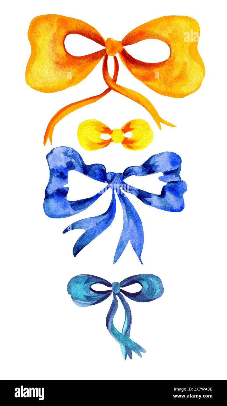 bows of different shapes and colors. red, blue, yellow painted in ...