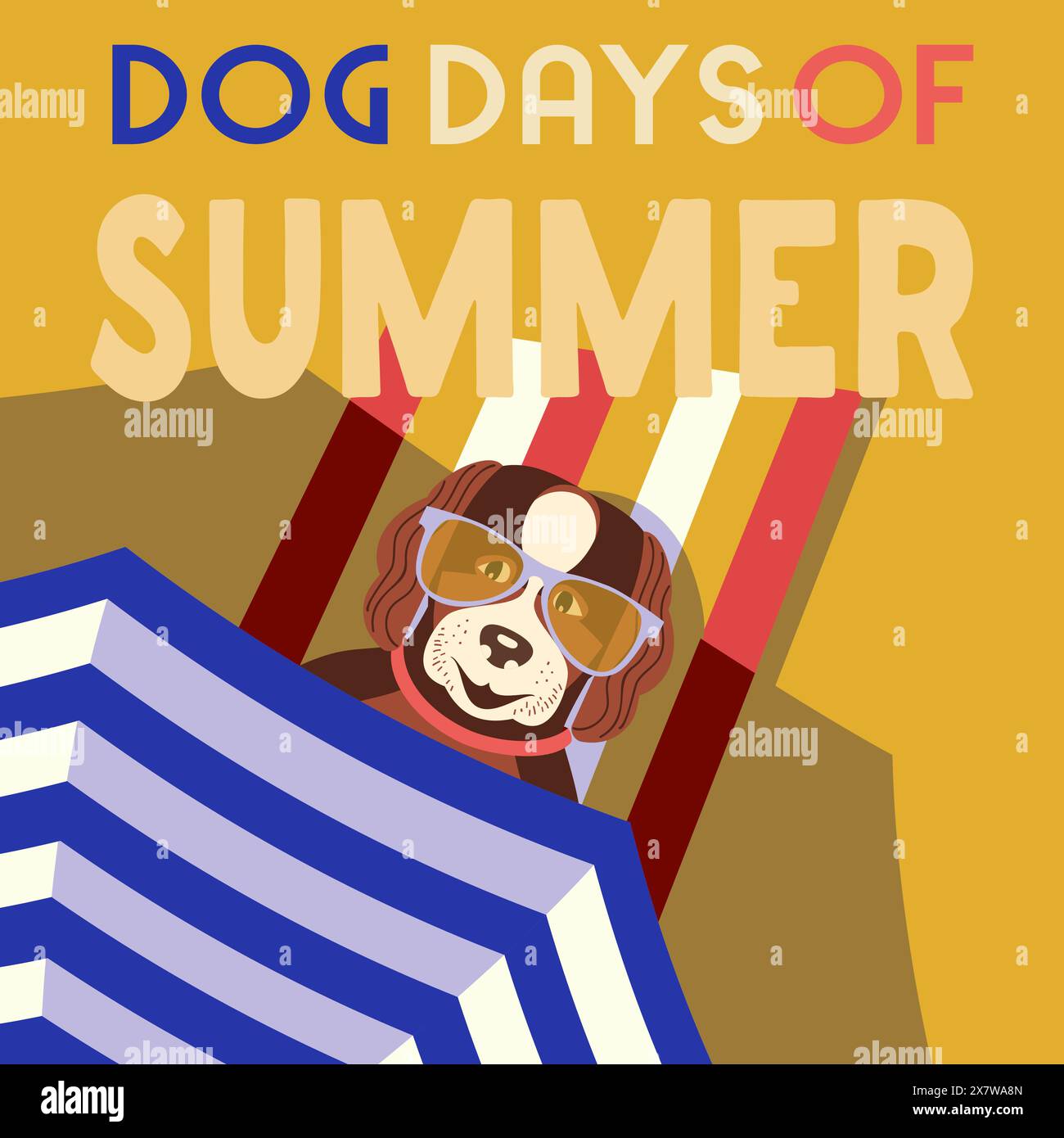 Dog days of summer on sand sea beach cute vector poster. Cute comic ...