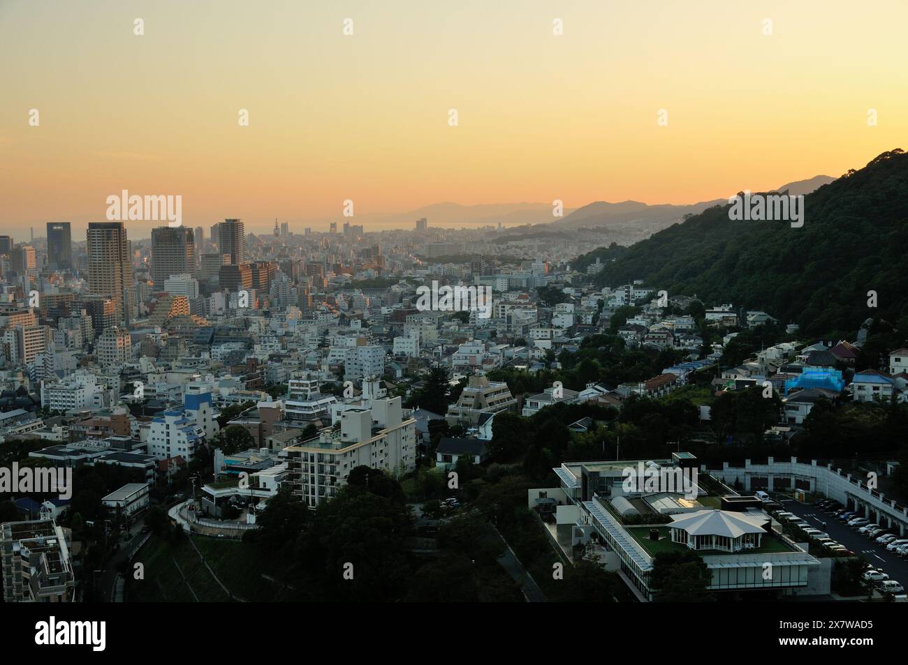 Panorama of Kobe city at sunset (looking south west), Hyogo, Japan JP ...