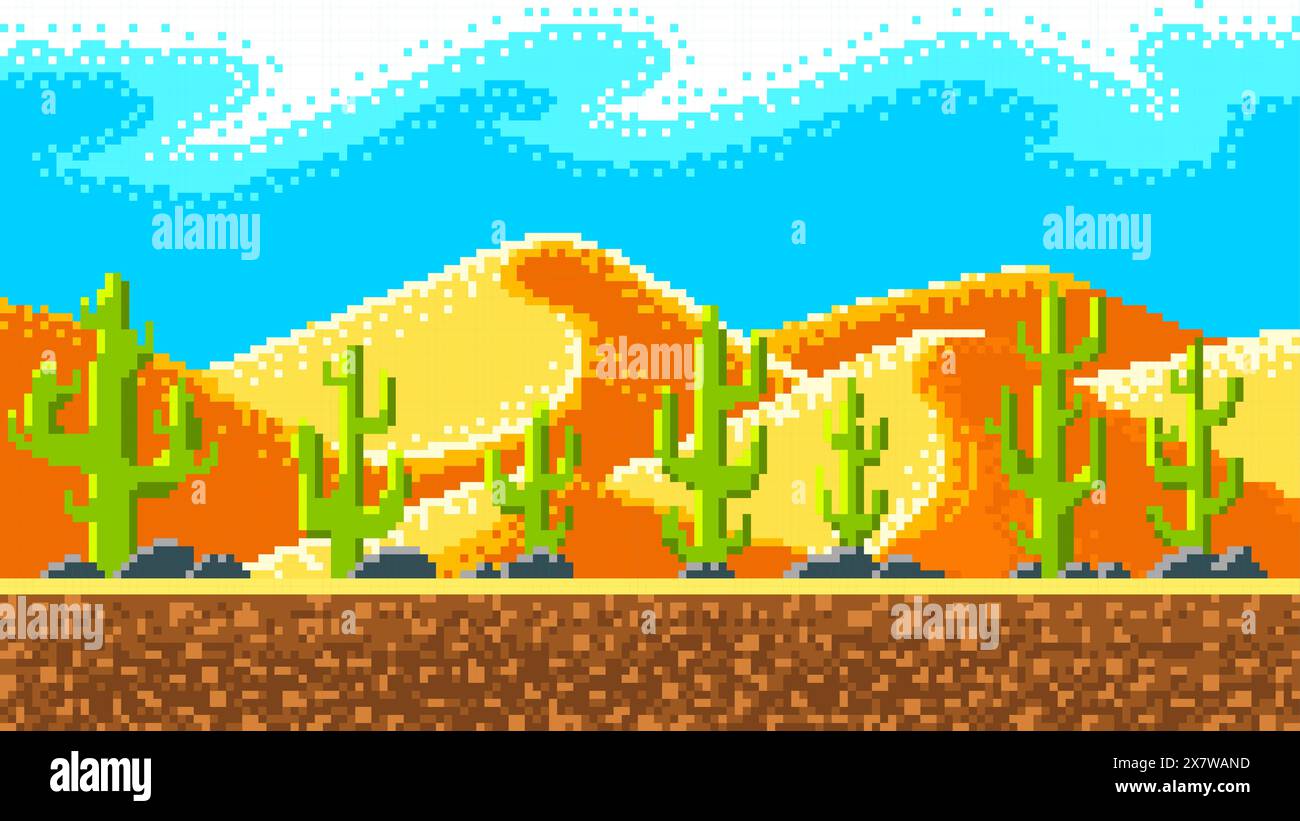 Cacti and mountains in the desert. Pixel art 8 bit objects. landscape ...