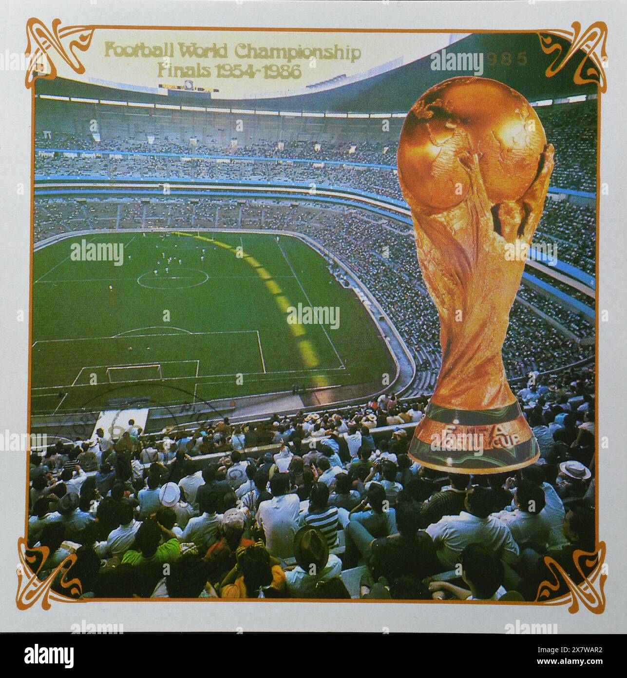 Souvenir Sheet with cancelled postage stamp printed by North Korea, that shows Aztec Stadium ...