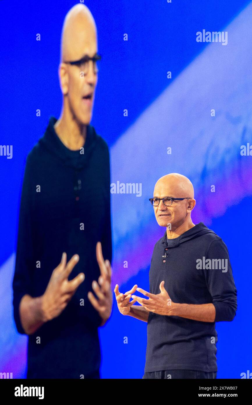 Seattle, USA. 21st May, 2024. Satya Nadella, CEO of Microsoft, speaks ...