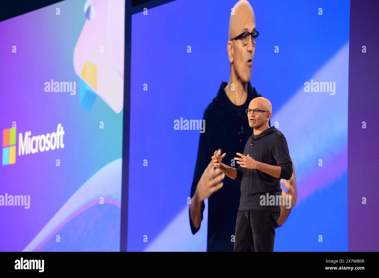 Seattle, USA. 21st May, 2024. Satya Nadella, CEO of Microsoft, speaks ...