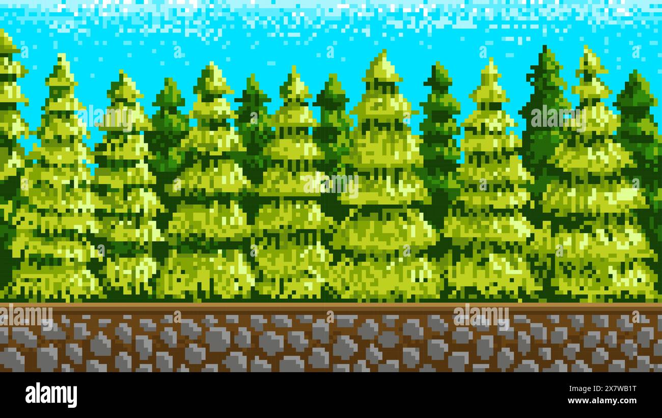 Christmas trees, snowy forest. Pixel art 8 bit objects. landscape ...
