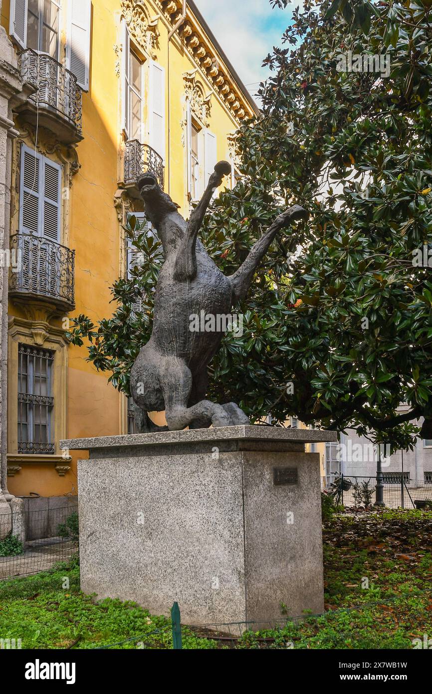 Bronze sculpture "Big soaring horse" by Aligi Sassu, in front of the ...
