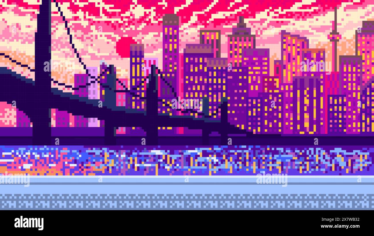 Modern city. Bridge and skyscrapers and clouds. Pixel art 8 bit objects ...