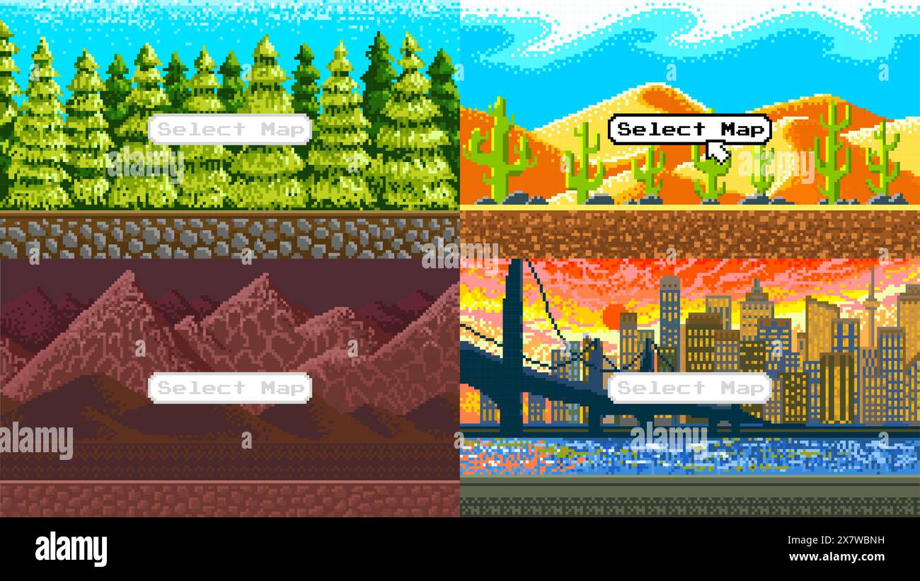 Modern city. Mountains. Cacti in the desert. Christmas trees. Pixel art ...