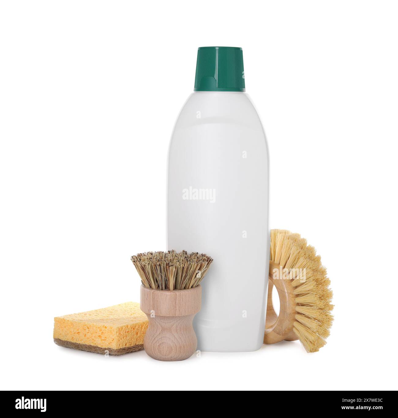 Bottle of cleaning product, brushes and sponge isolated on white Stock ...