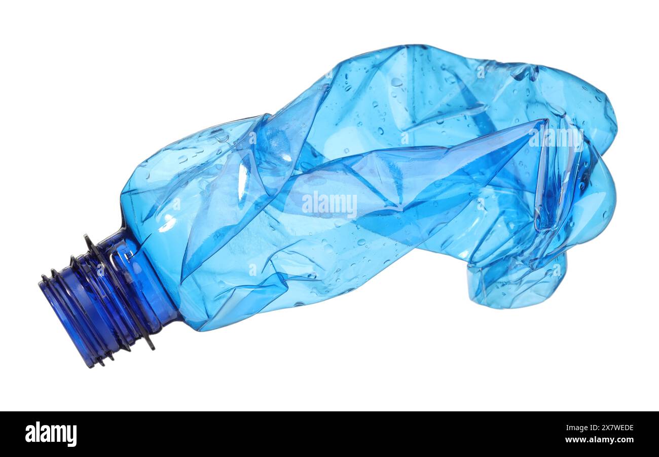 Crumpled disposable plastic bottle isolated on white Stock Photo - Alamy
